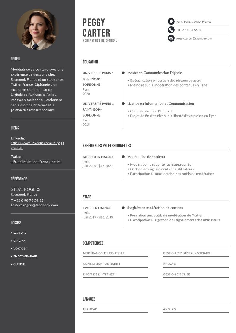 Exemples de CV Modérateur de contenu sans expérience pour débutants