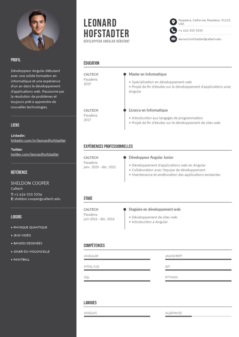 Exemples de CV Développeur Angular sans expérience pour débutants