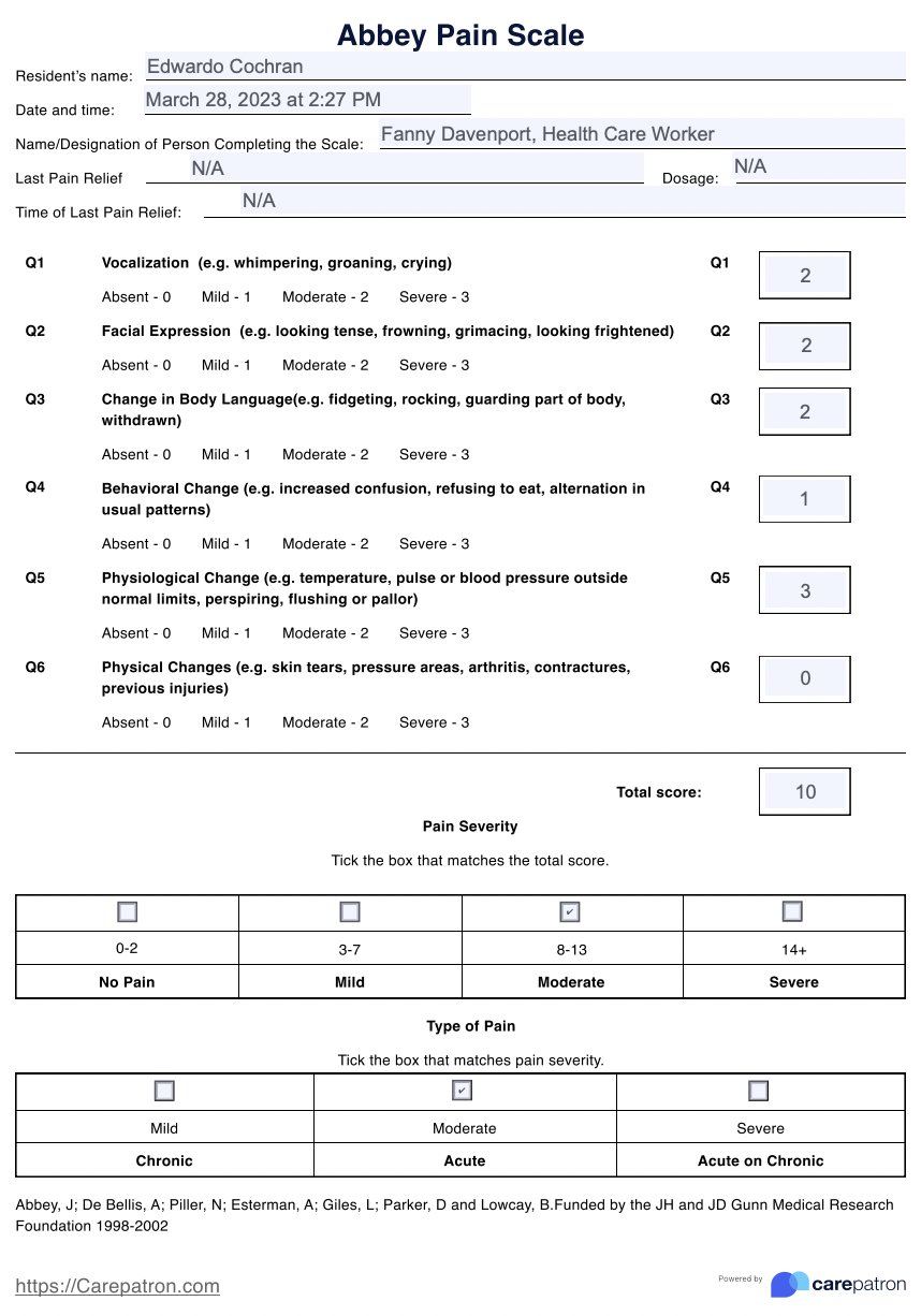 Abbey Pain Scale & Example | Free PDF Download