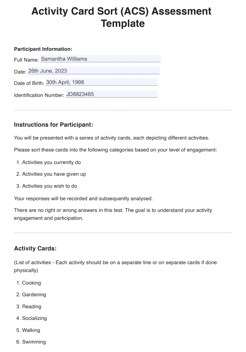 Activity Card Sort (ACS) & Example | Free PDF Download
