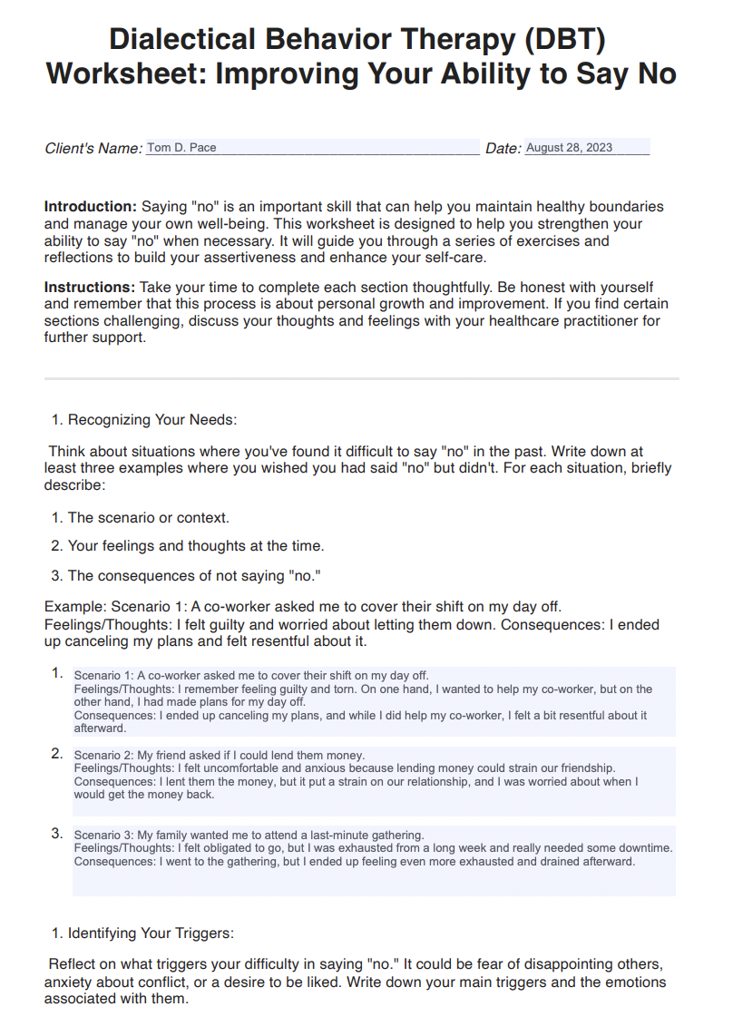 Improving Your Ability to Say No DBT Worksheet & Example | Free PDF ...