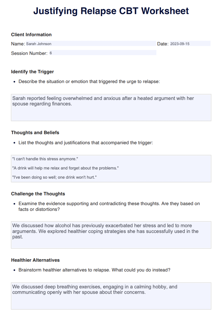 Justifying Relapse CBT Worksheet & Example | Free PDF Download