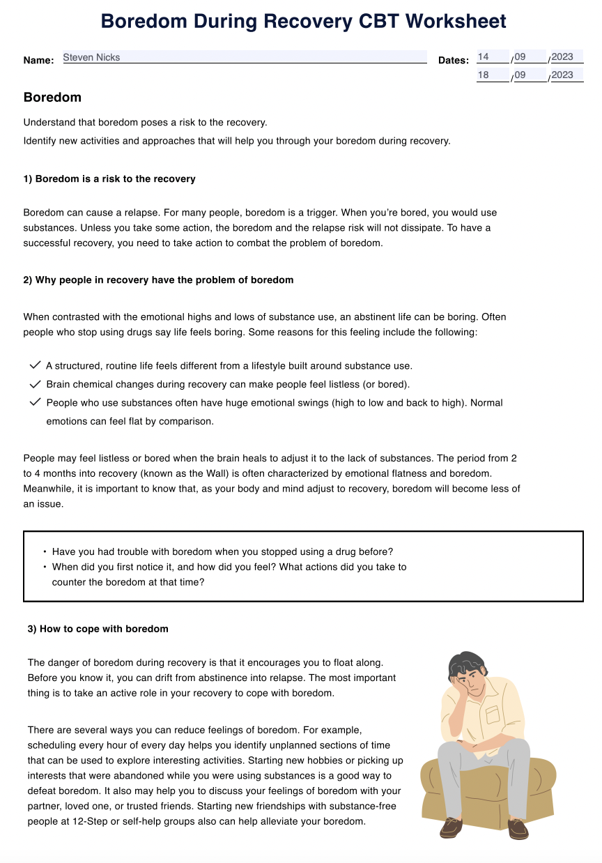 Boredom During Recovery CBT Worksheet & Example | Free PDF Download