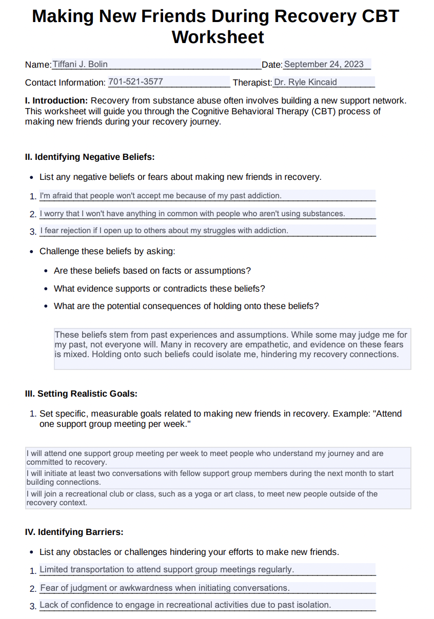 Making New Friends During Recovery CBT Worksheet & Example | Free PDF ...