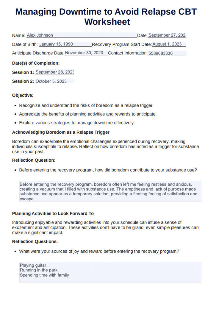 Managing Downtime to Avoid Relapse CBT Worksheet & Example | Free PDF ...