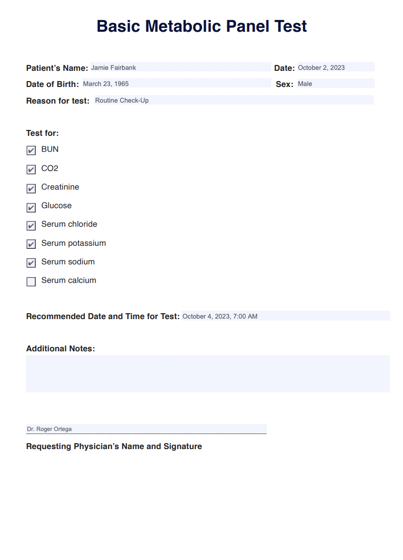 Basic Metabolic Panel Test & Example | Free PDF Download