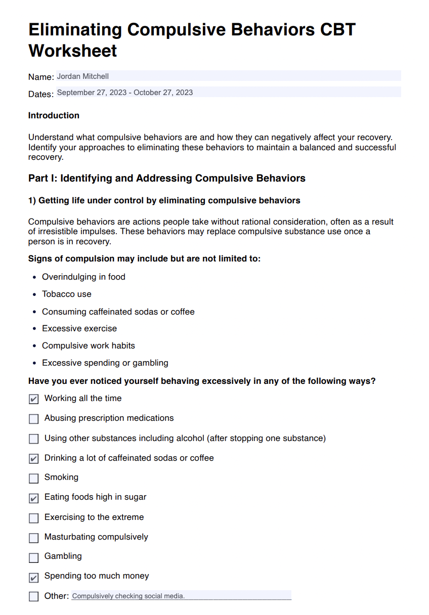 Eliminating Compulsive Behaviors CBT Worksheet & Example | Free PDF ...