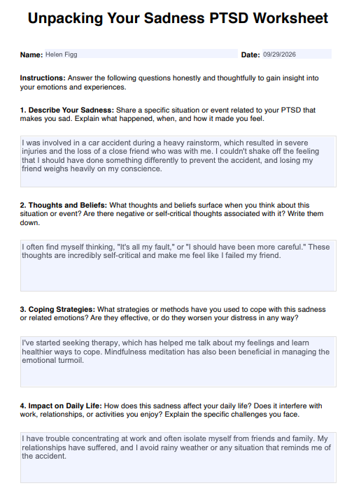 Unpacking Your Sadness PTSD Worksheet & Example | Free PDF Download