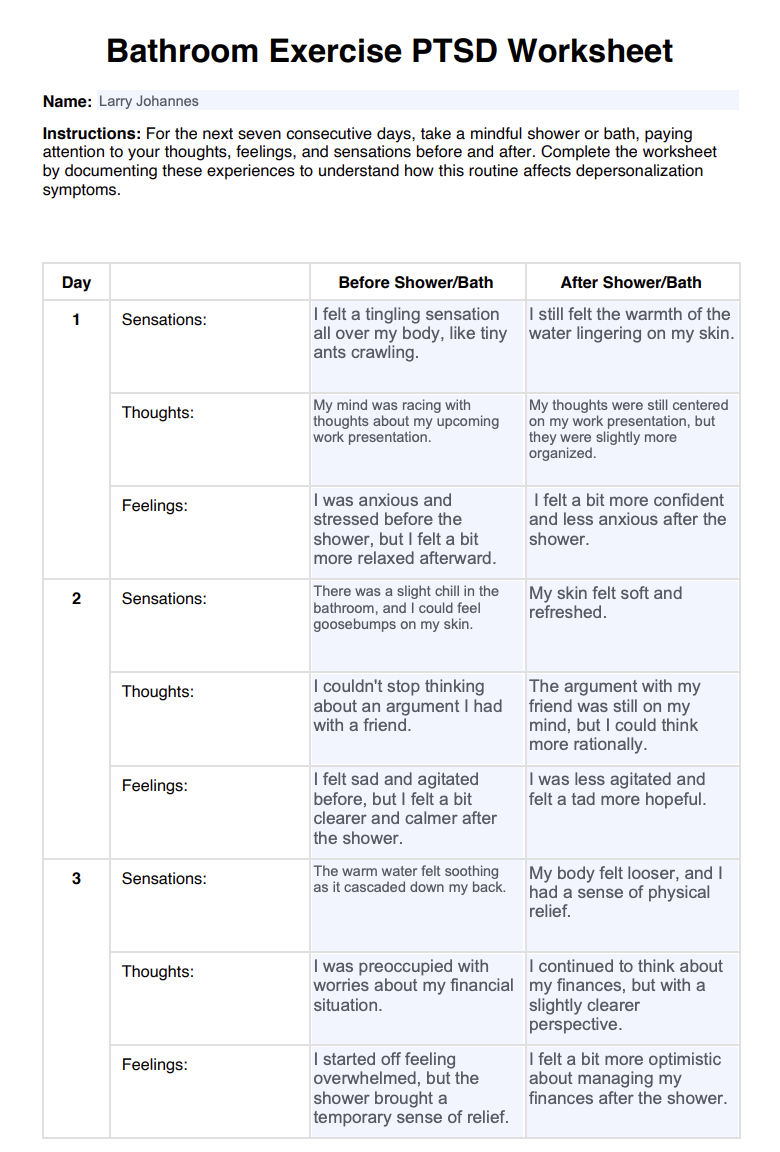 Bathroom Exercise PTSD Worksheet & Example | Free PDF Download