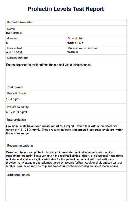 Prolactin Levels Test Report & Example | Free PDF Download
