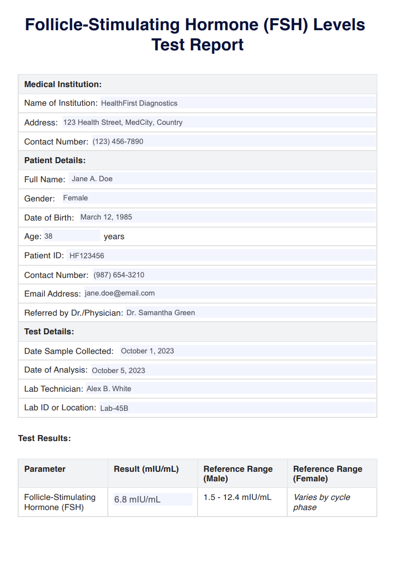Follicle-Stimulating Hormone (FSH) Levels Test & Example | Free PDF ...