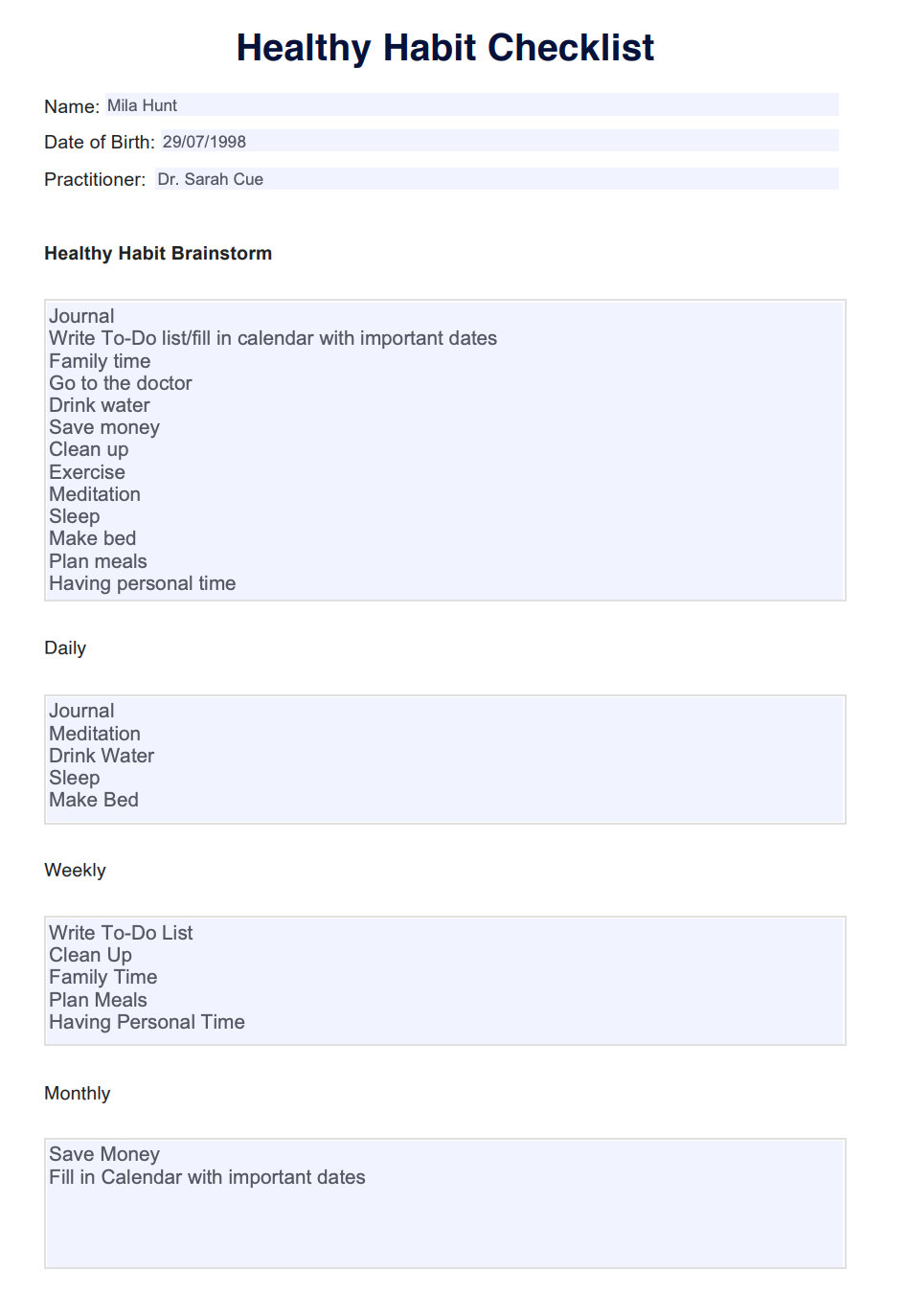 Healthy Habit Checklist & Example | Free PDF Download
