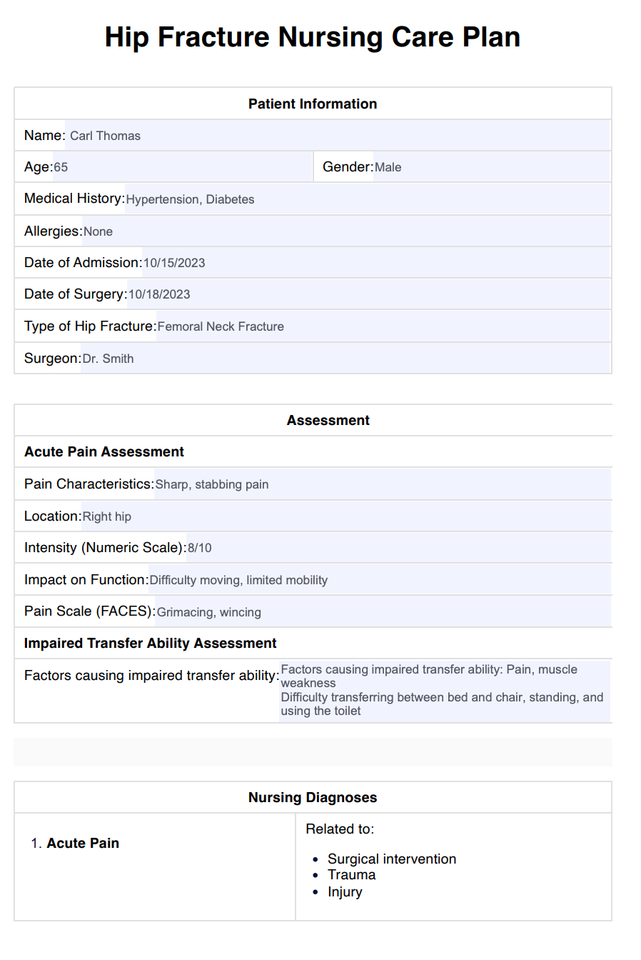 Hip Fracture Nursing Care Plan Template & Example | Free PDF Download