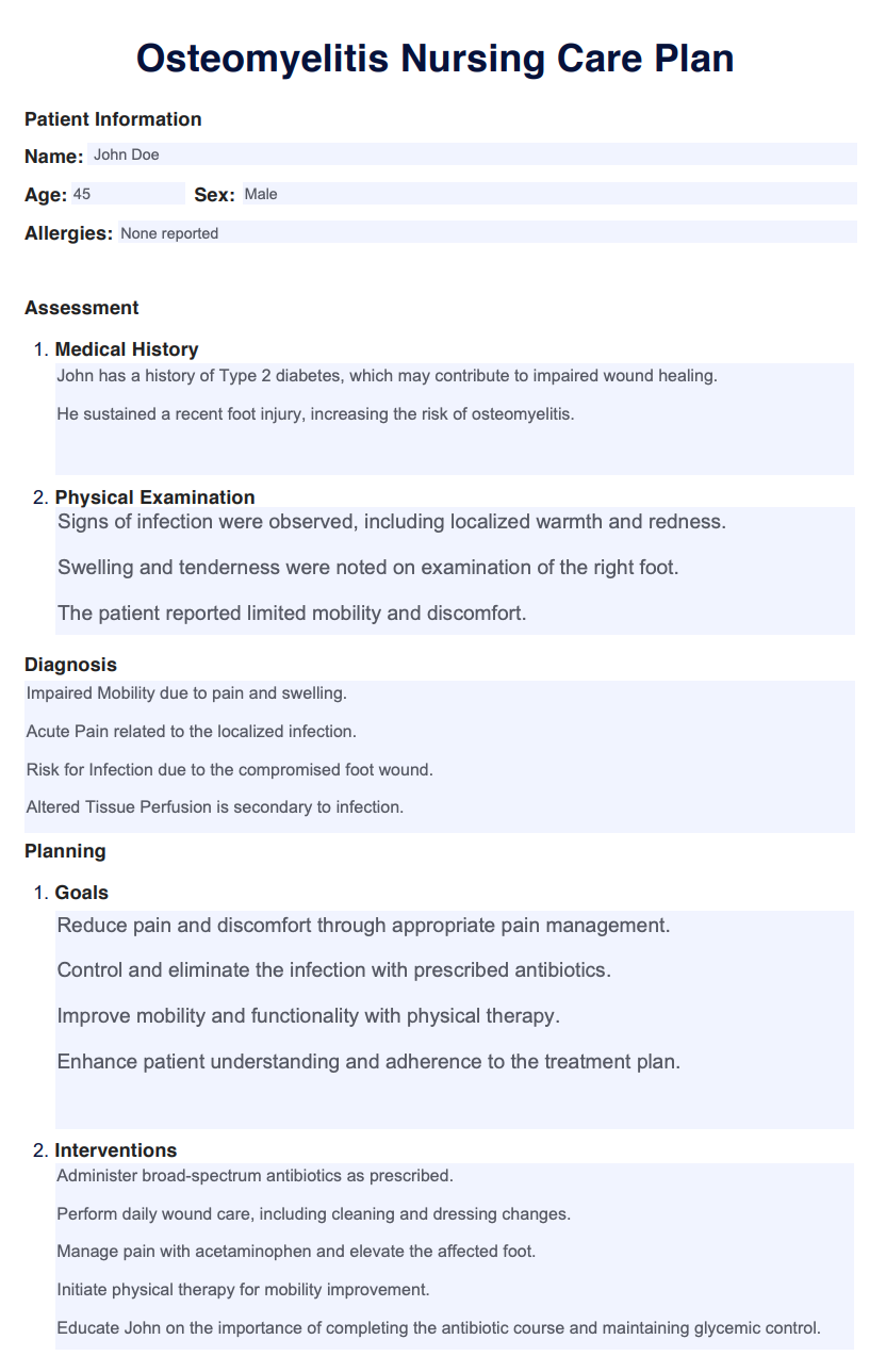 Osteomyelitis Nursing Care Plan Template & Example | Free PDF Download
