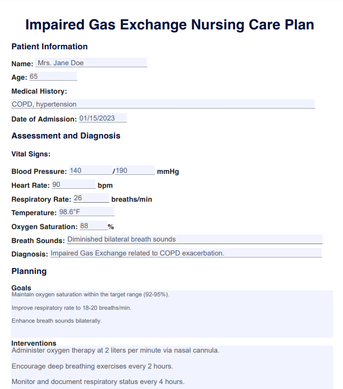 Impaired Gas Exchange Nursing Care Plan Template & Example | Free PDF ...