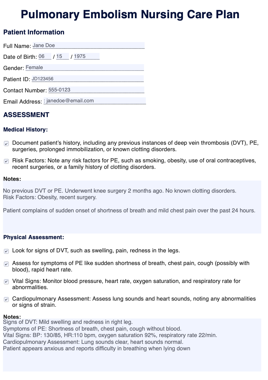Pulmonary Embolism Nursing Care Plan Template & Example | Free PDF Download