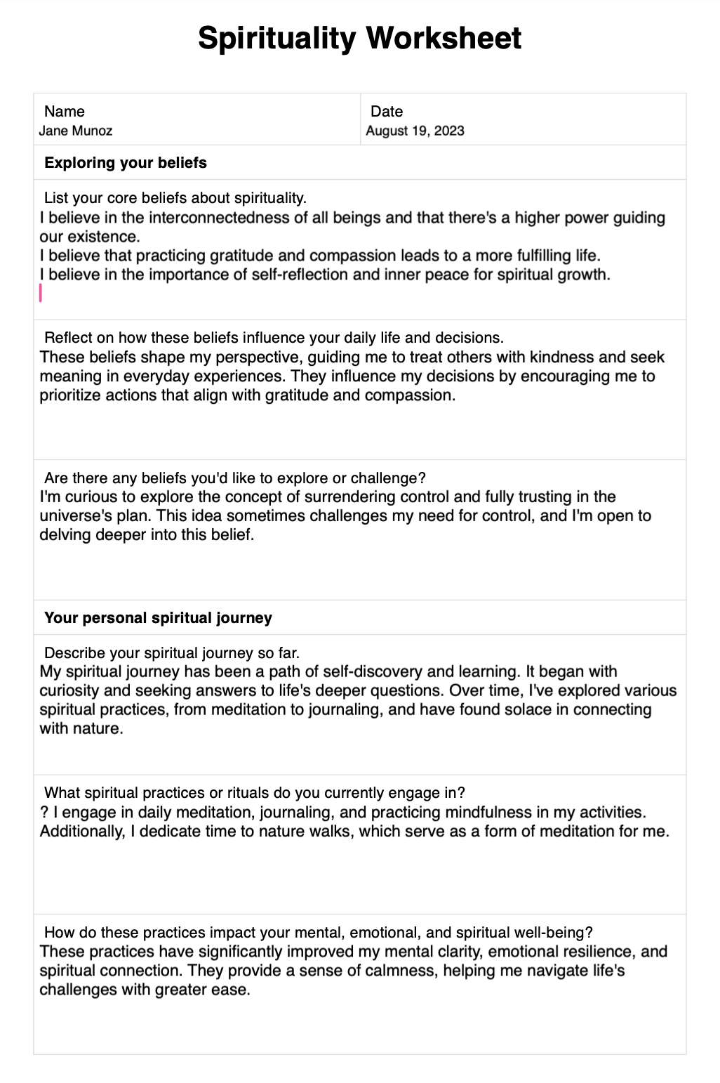 Spirituality Worksheet & Example | Free PDF Download