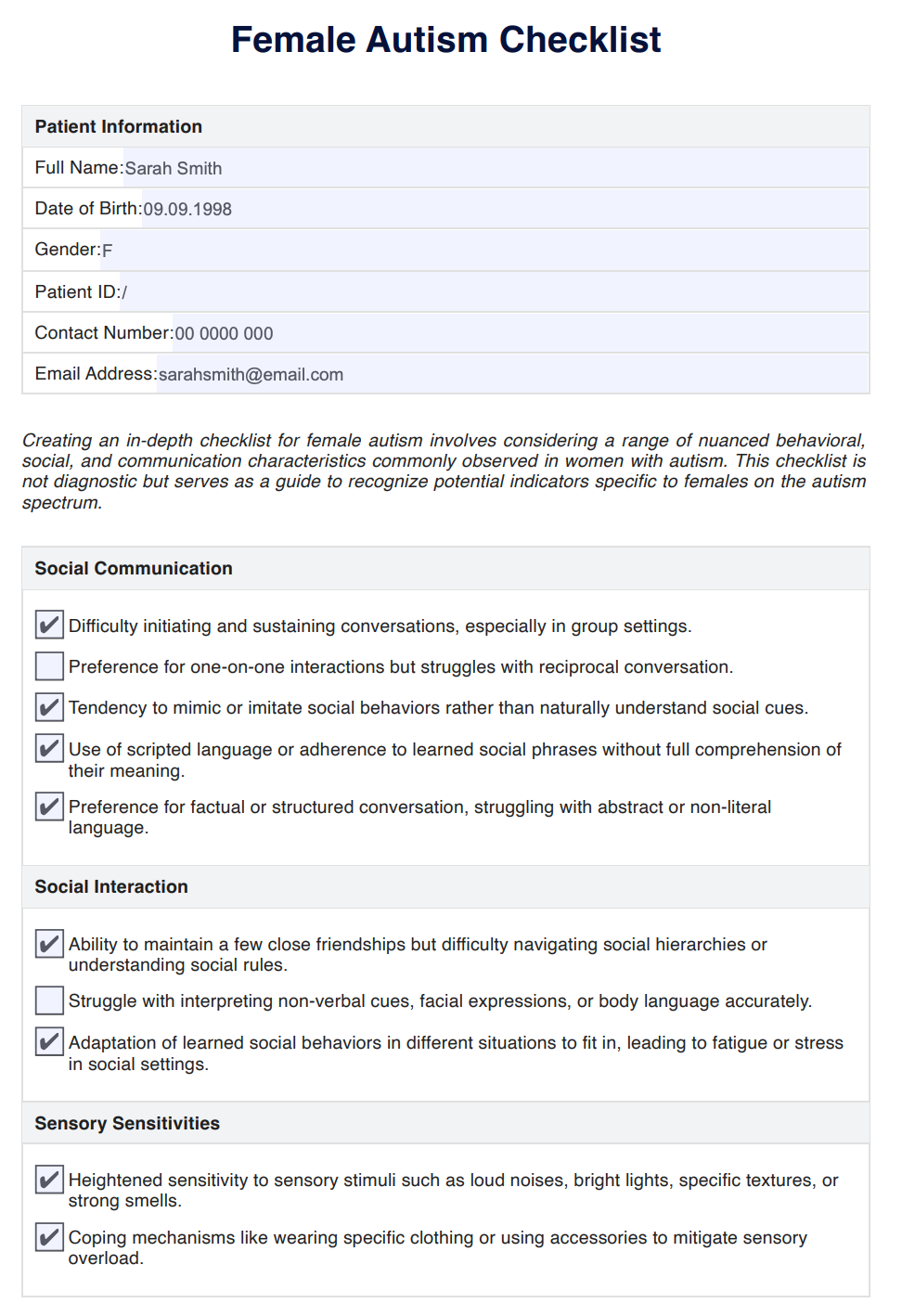 Female Autism Checklist & Example | Free PDF Download