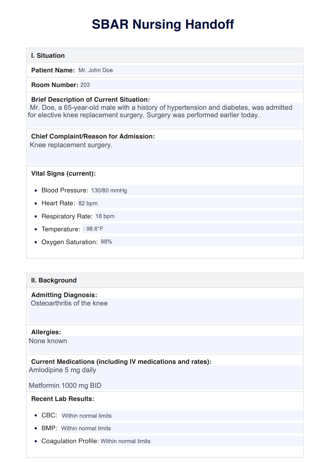 Nursing Hand Off Report Template