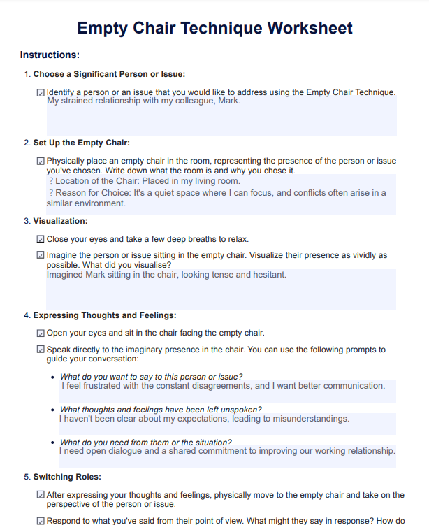 Empty Chair Technique Worksheet & Example | Free PDF Download