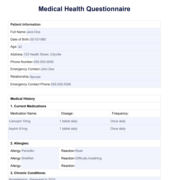 Medical Health Questionnaire & Example | Free PDF Download