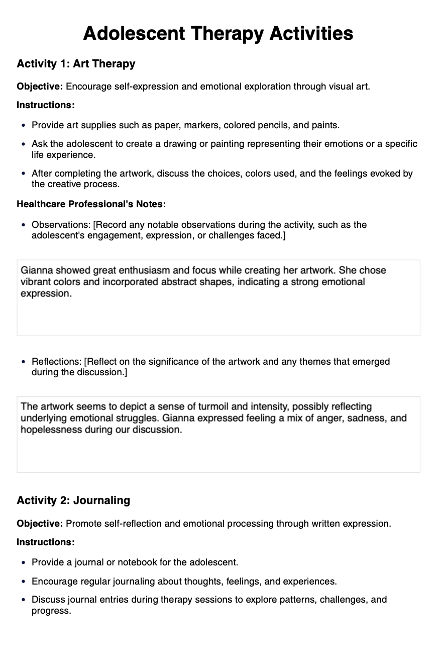 Adolescent Therapy Activities PDF & Example | Free PDF Download