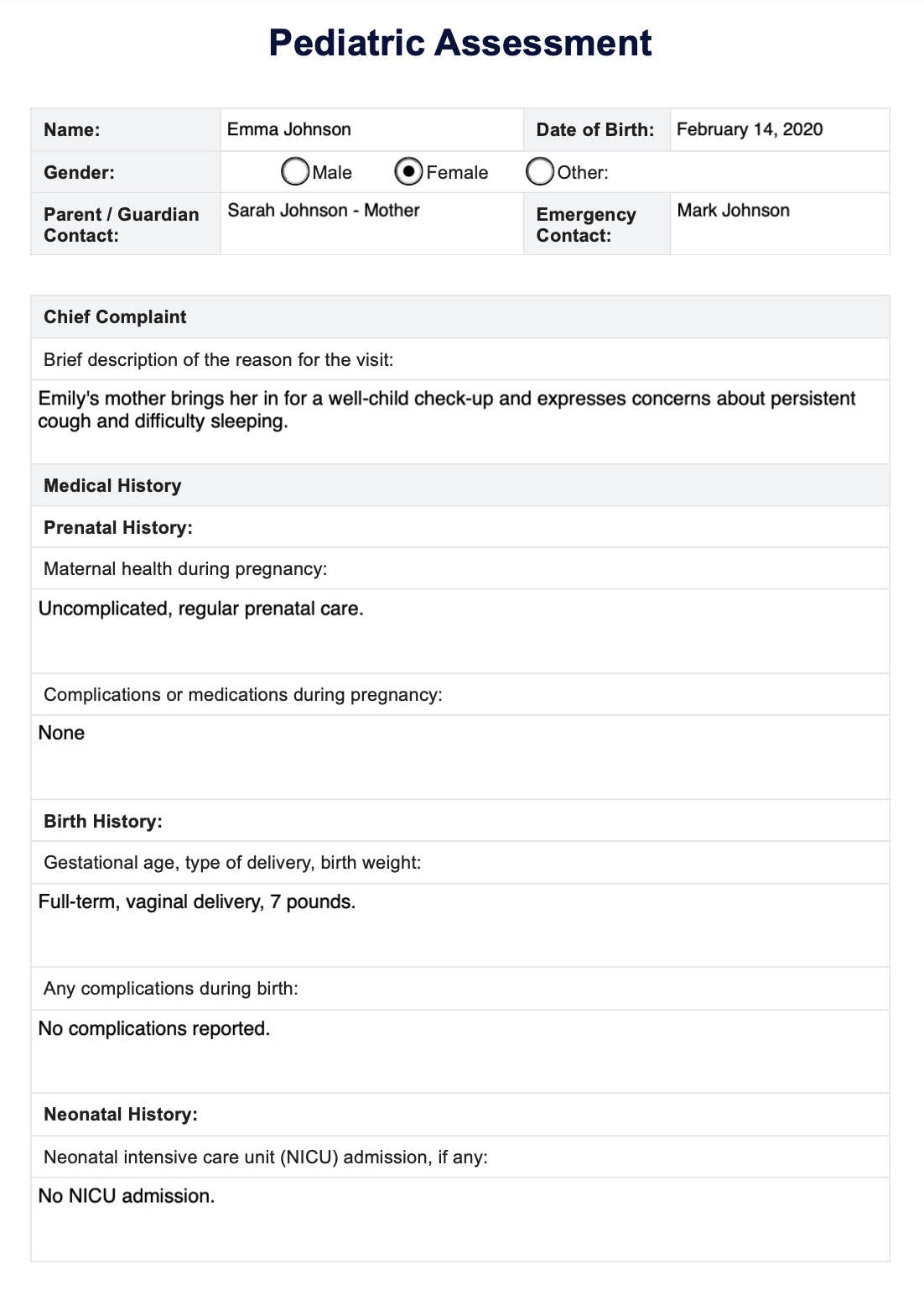 Pediatric Assessment & Example | Free PDF Download