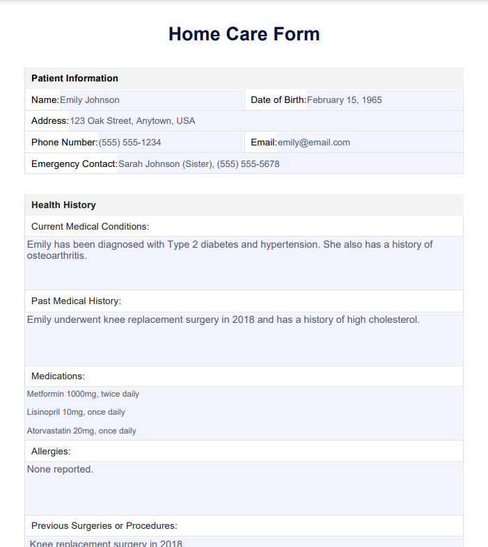 Home Care Form & Example | Free PDF Download