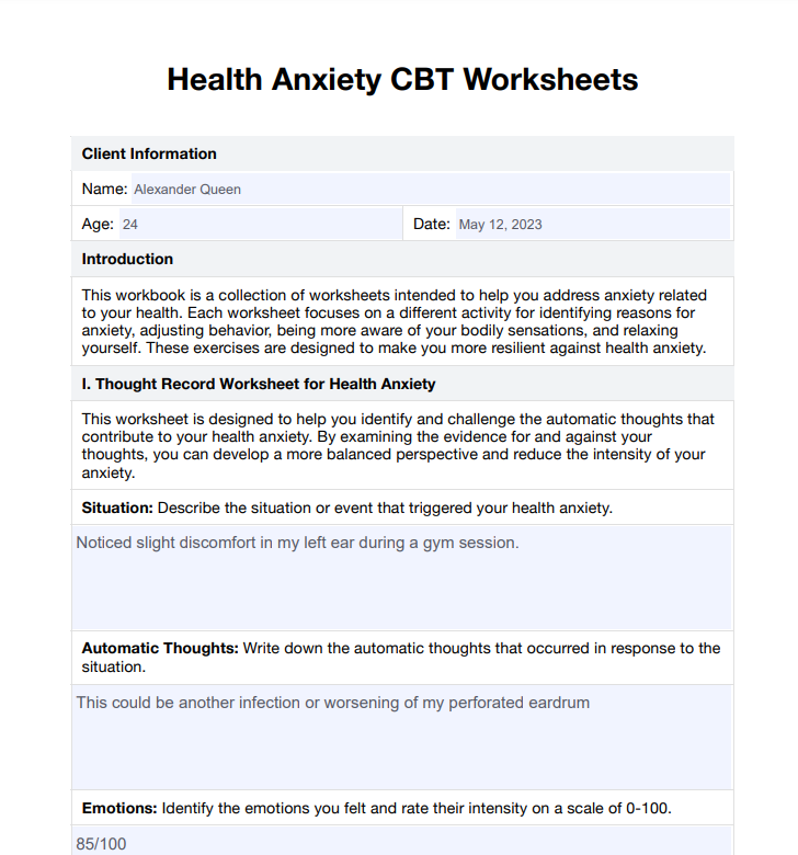 Health Anxiety CBT Worksheets & Example | Free PDF Download