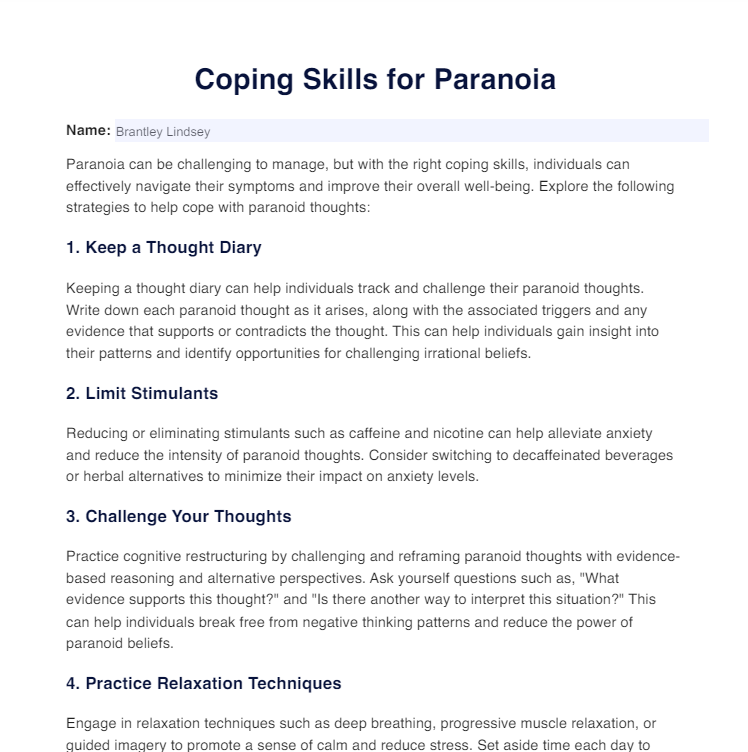 Coping Skills for Paranoia Handout & Example | Free PDF Download