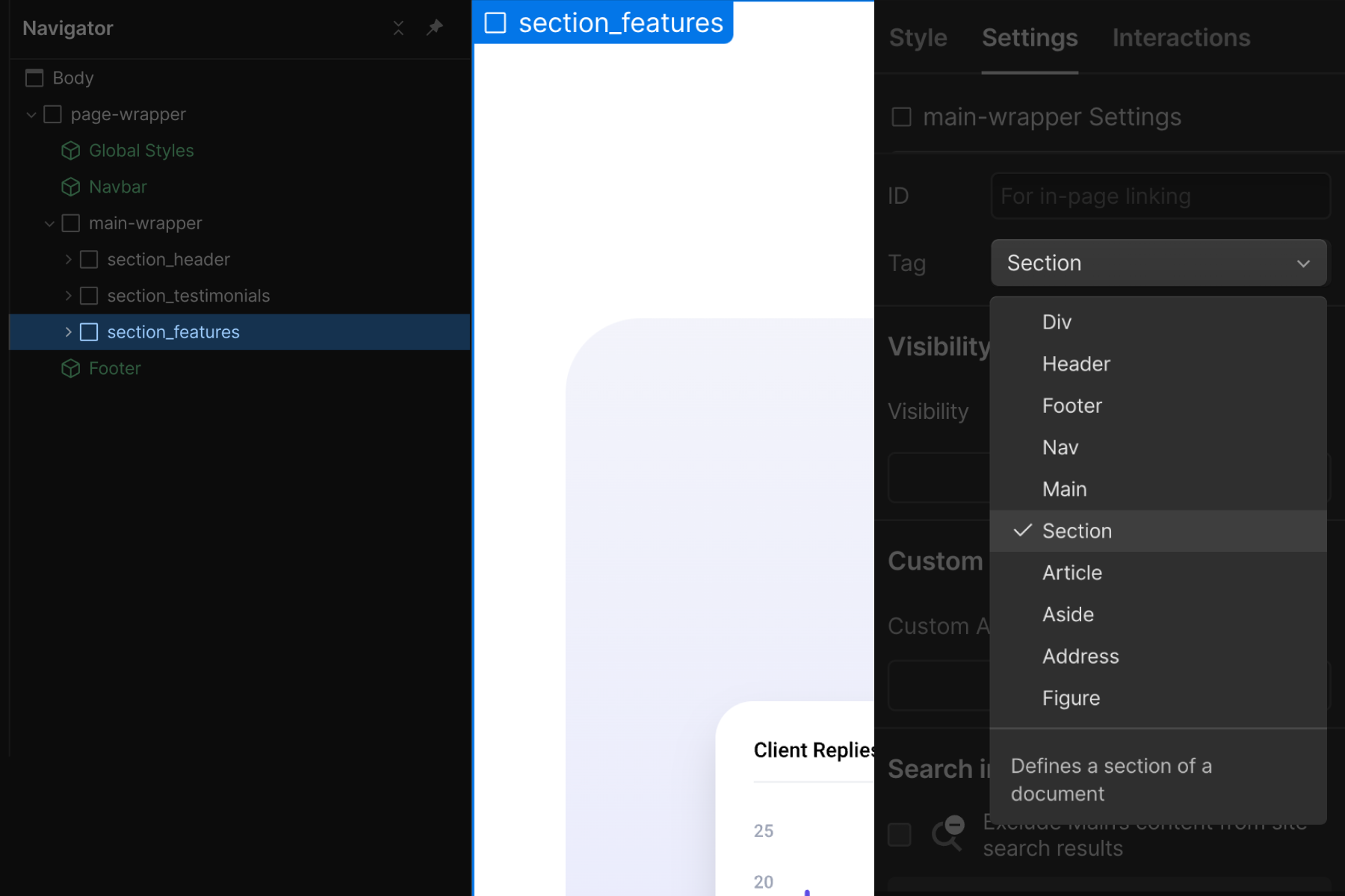 Semantic HTML tags in Webflow - Client-First