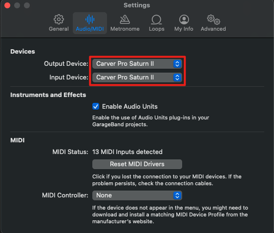 How to Configure Saturn Interfaces with Apple Garageband?