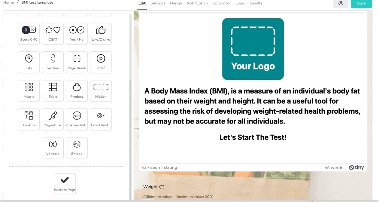 How to create a BMI test with logic and calculation - Formaloo