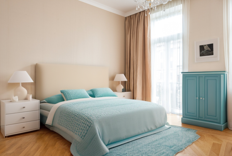 Bedroom in coastal style and white-cyan-blue-beige color
