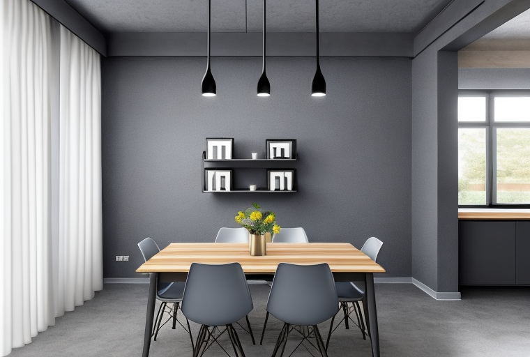 Dining in industrial style and grey-dull blue-dark grey color
