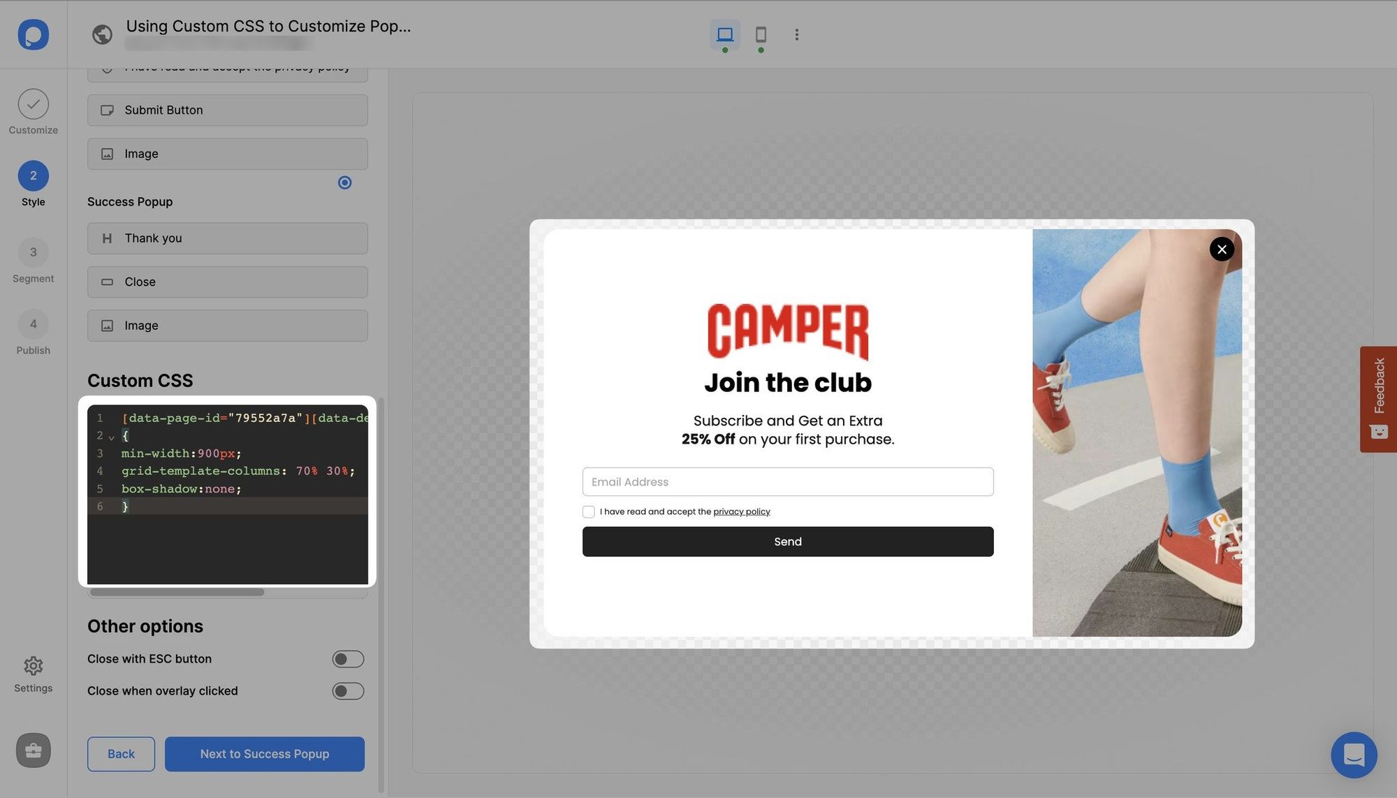 How to Change Column Grid Size of Popup by Using Custom CSS