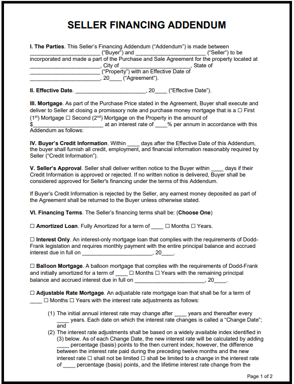 Free Seller Financing Addendum Templates