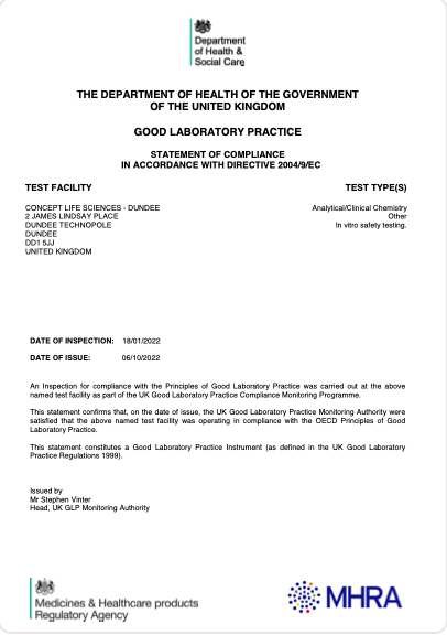 Concept Life Sciences | Quality Certificate | GLP Statement of Compliance