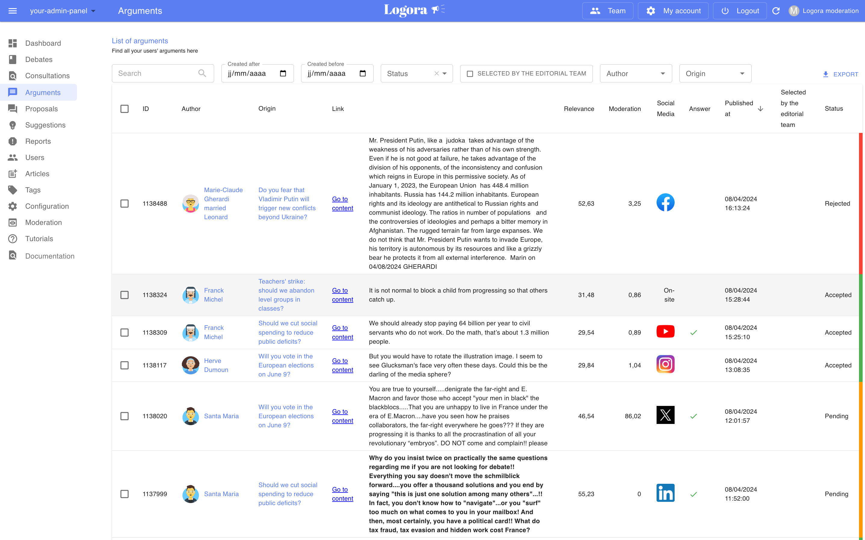 Moderation for Facebook, Instagram, YouTube, TikTok || Logora