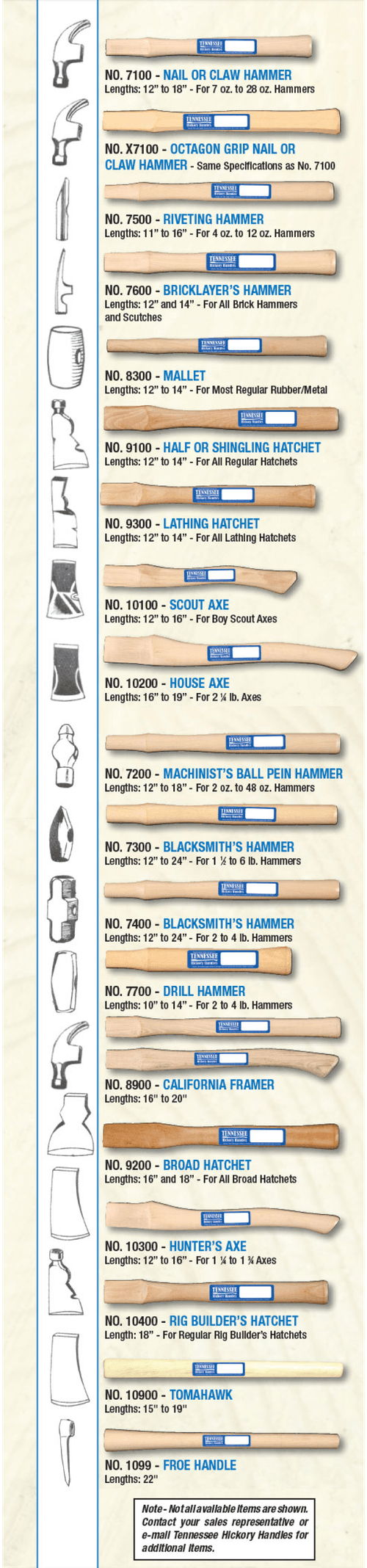 Striking tool hickory wood replacement handles; axe handle, hammer handle