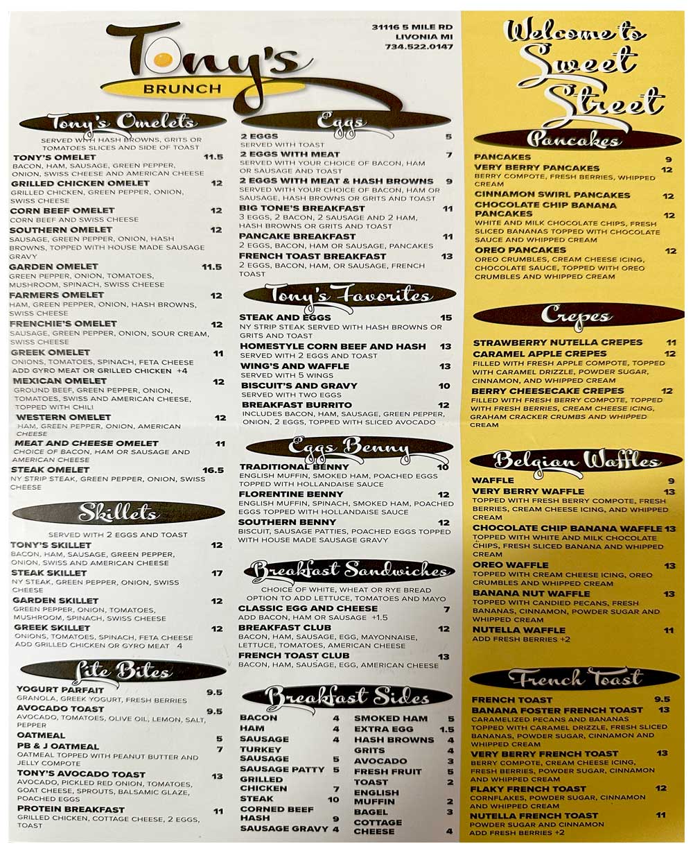 Tony's Brunch | Menu