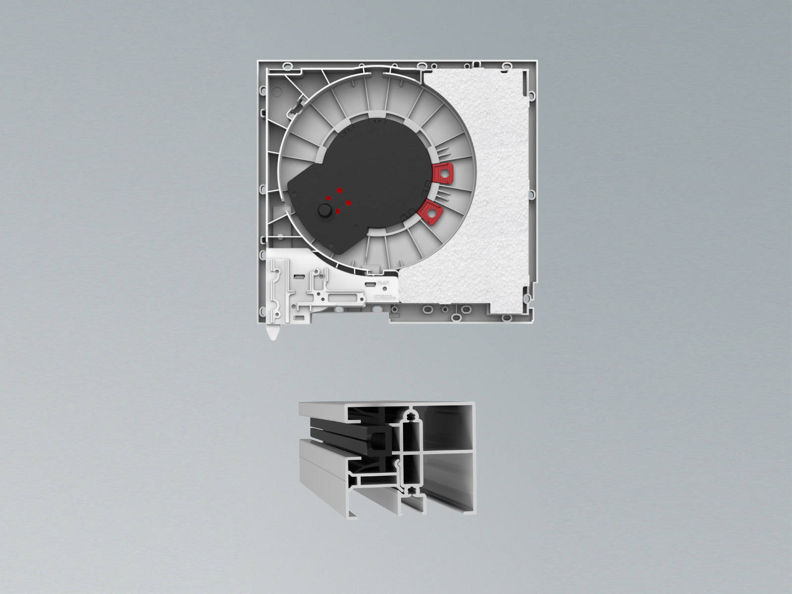 Roller shutter box systems with textile drapery