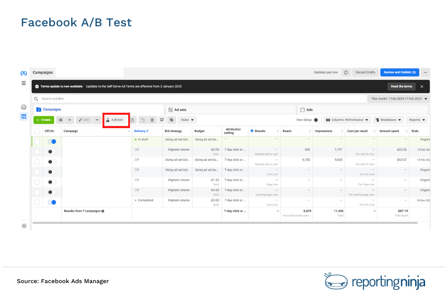 Facebook a/b testing - Top Tips | Reporting Ninja