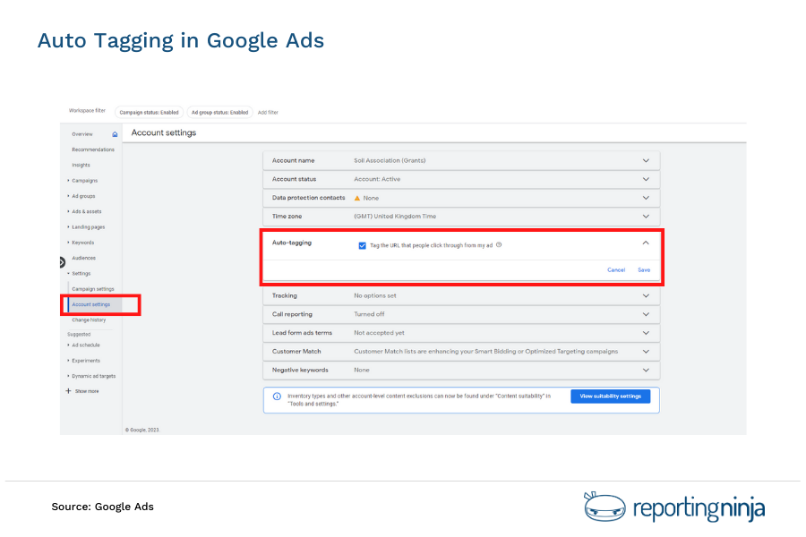 Etiquetado UTM vs Etiquetado automático en Google Ads | Reporting Ninja
