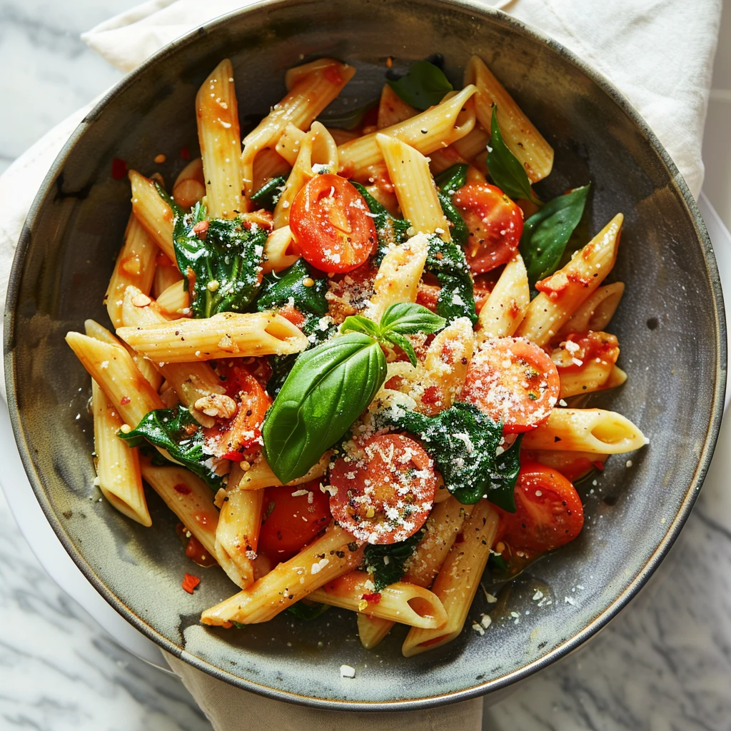 Penne Pomodoro with Garlic Spinach