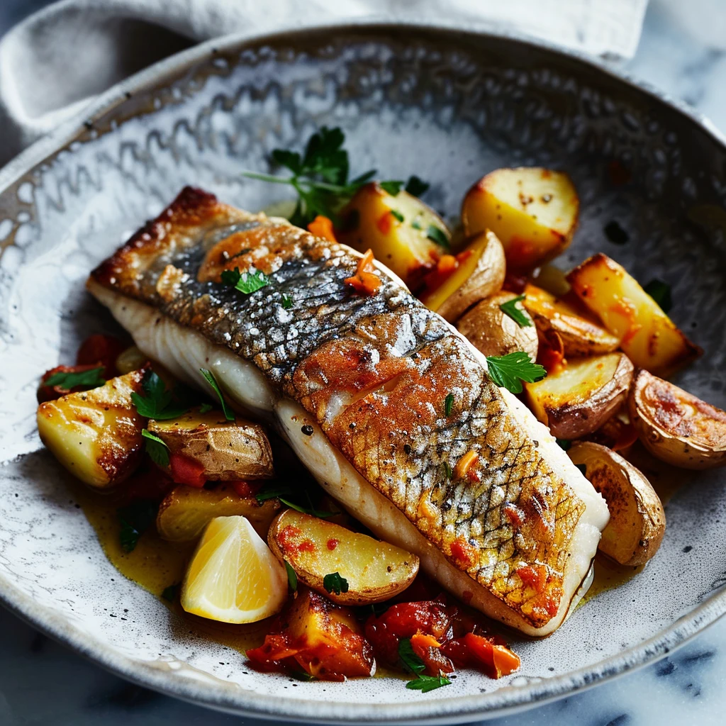 Seared Sea Bass with Patatas Bravas