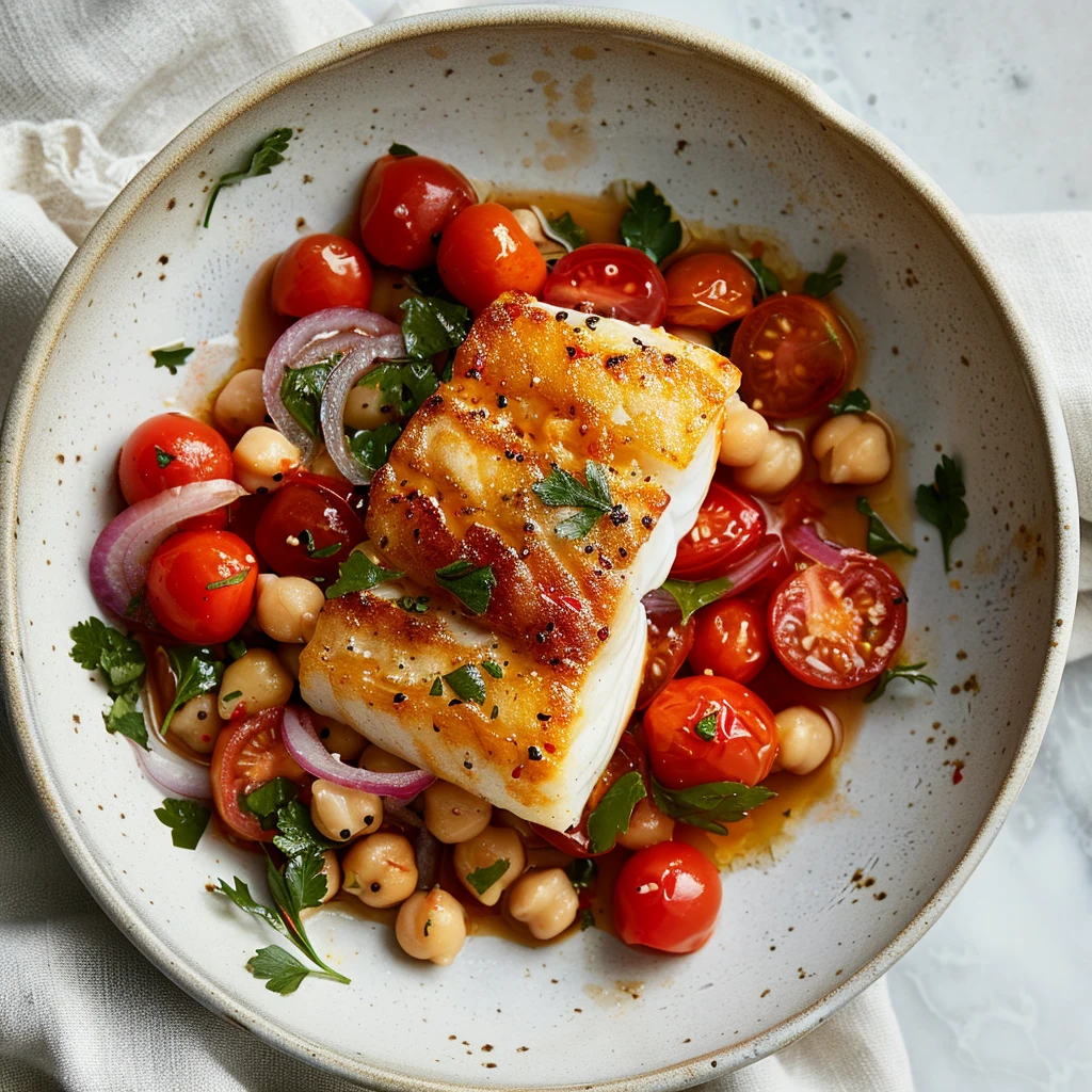 Seared Cod with Tomato-Chickpea Salad