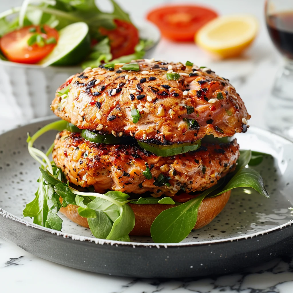Spicy Asian Salmon Burgers with Sides