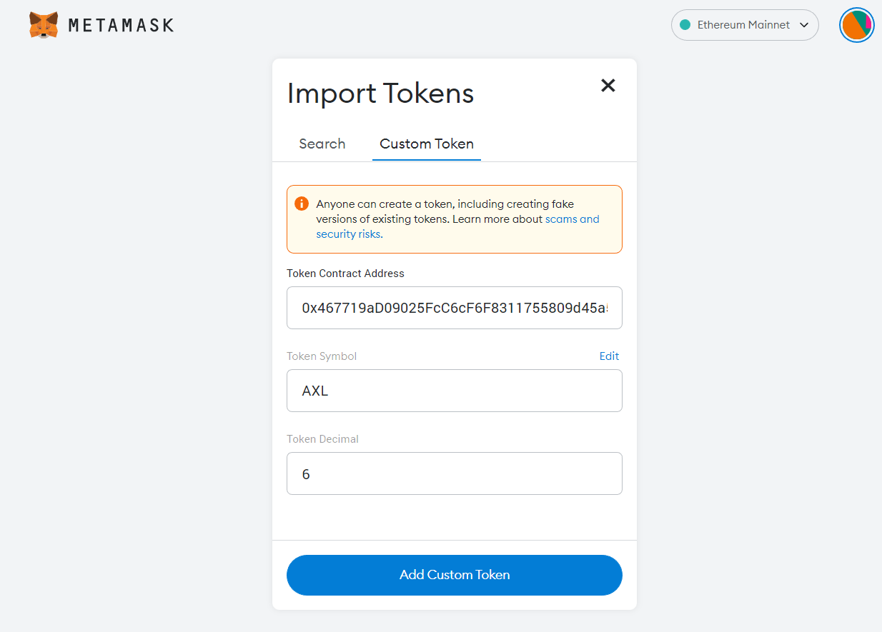 How to Import ERC20 Wrapped AXL tokens to MetaMask Wallet | Axelar Blog