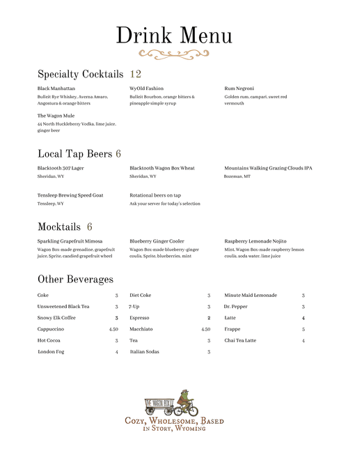 Menus at the Wagon Box Restaurant